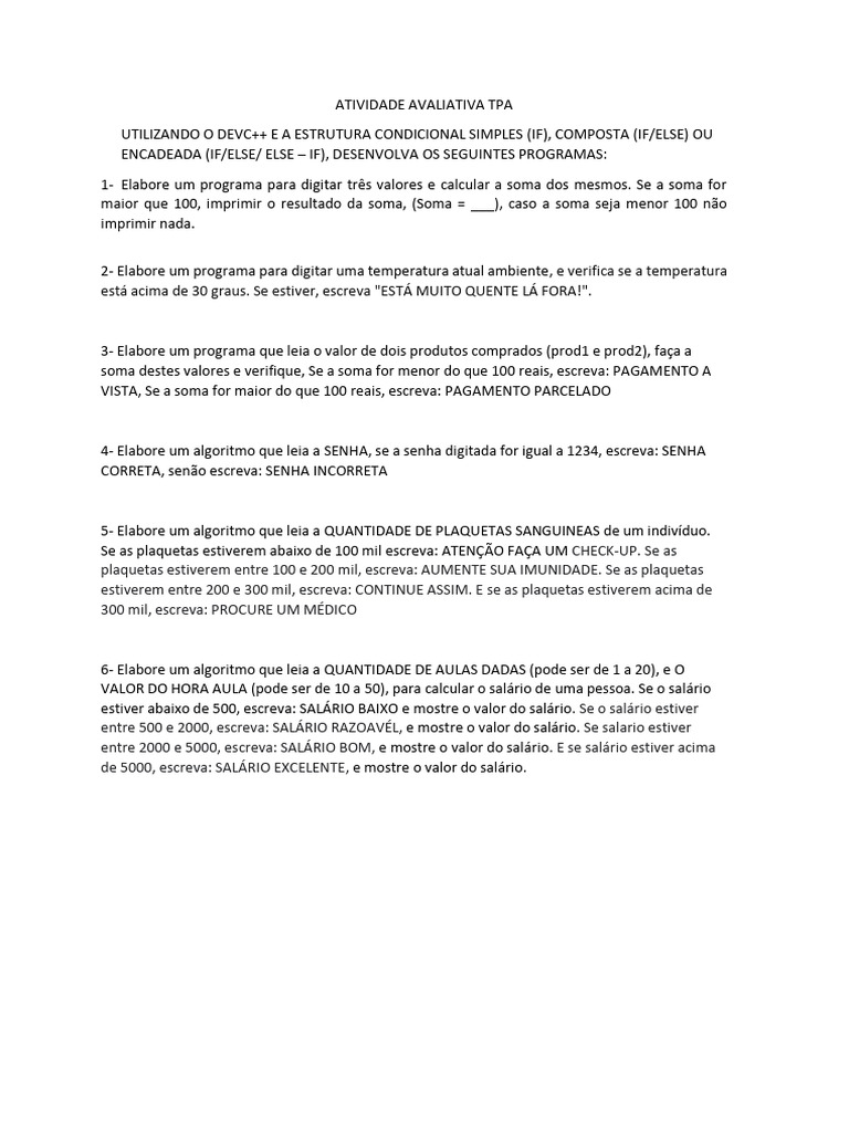 Atividade Avaliativa If Else | PDF
