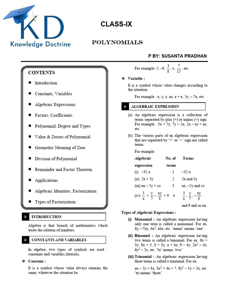 class9 polynomial note KD (1) | PDF | Quadratic Equation | Factorization