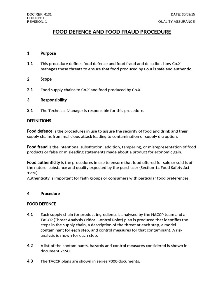 Food Defence and Fraud Procedure | PDF | Hazard Analysis And Critical ...