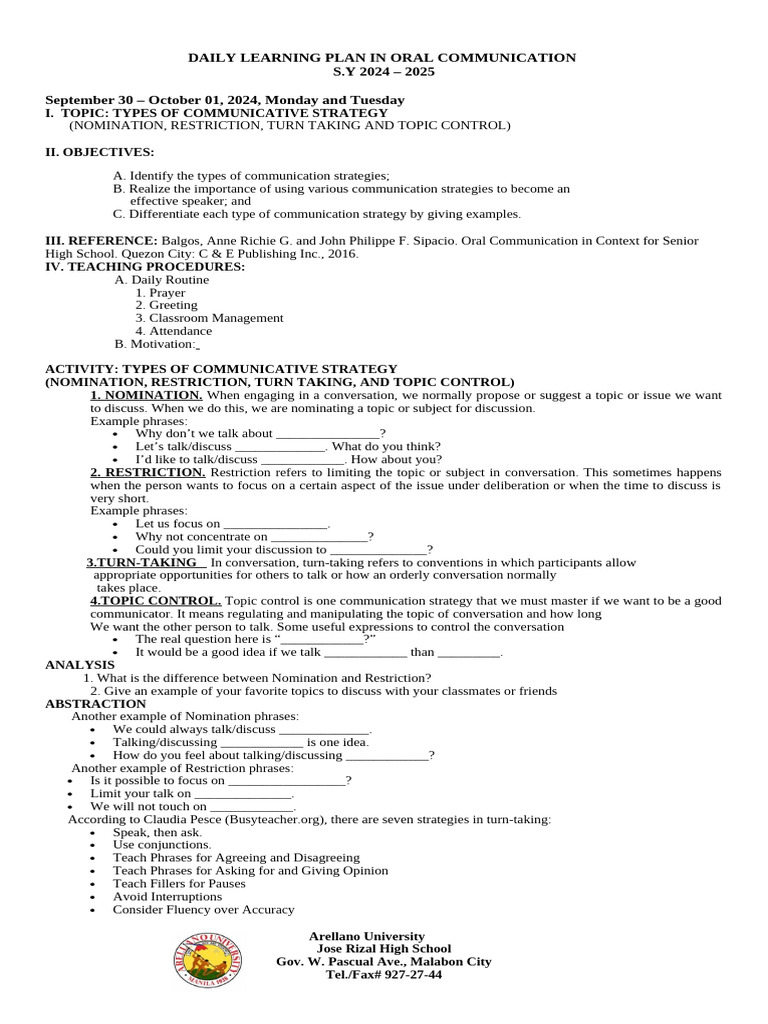 Communicative Strategy Lesson Plan | PDF | Conversation | Communication