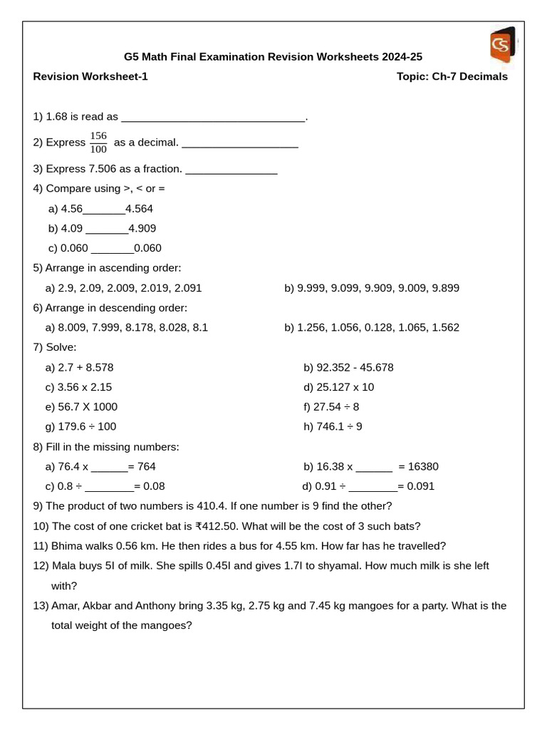 G5 Math Final Examination Revision Worksheets 24 25 Latest Pdf