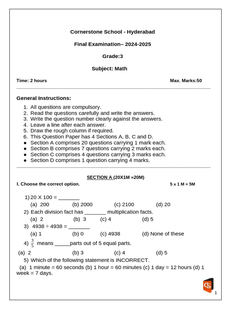 Grade 3 Math Exam Paper 2024-2025 | PDF | Litre