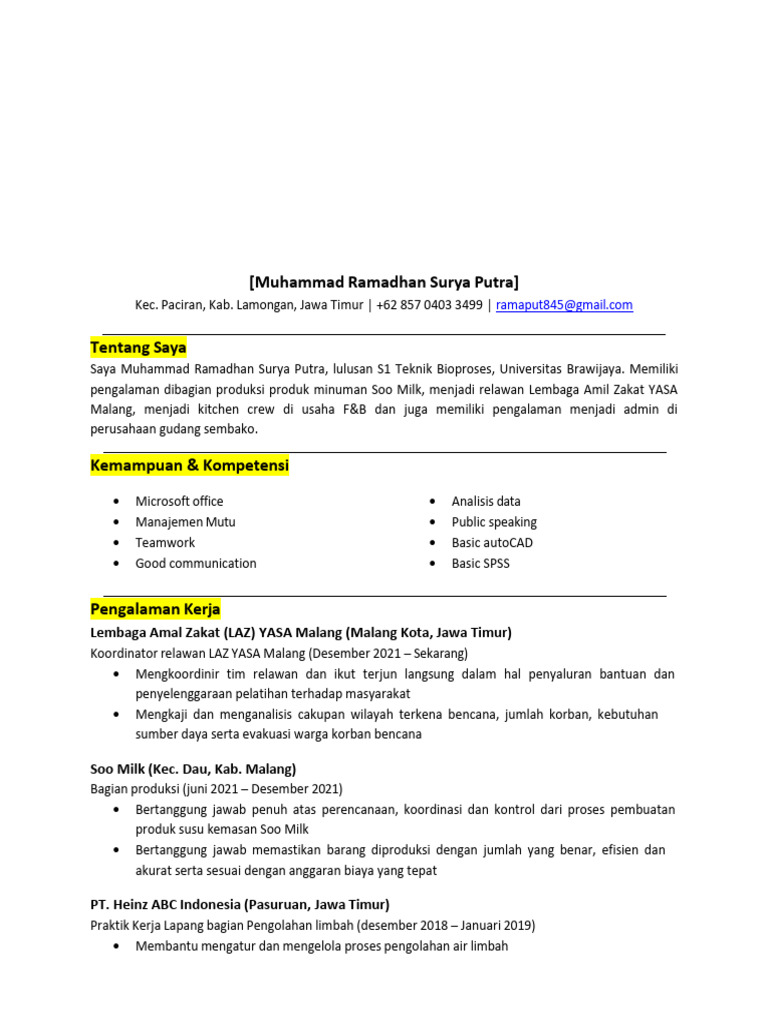 CV - Muhammad Ramadhan Surya Putra | PDF