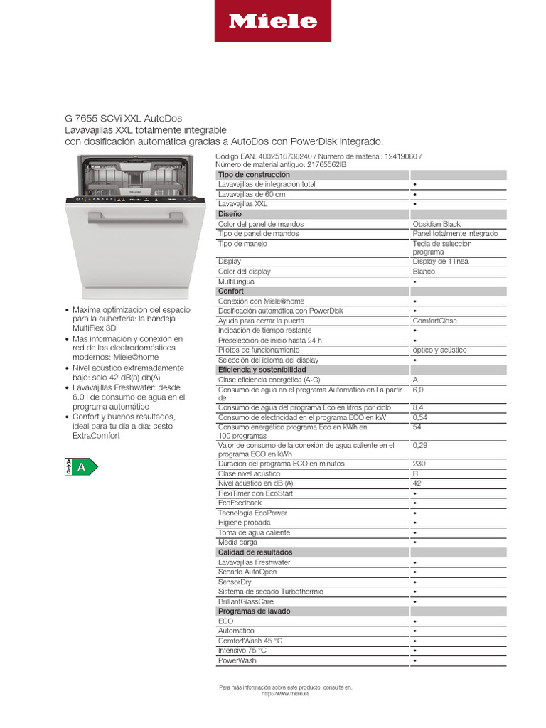 Lavavajillas Miele G 7655 SCVi XXL AutoDos | PDF | Lavavajillas