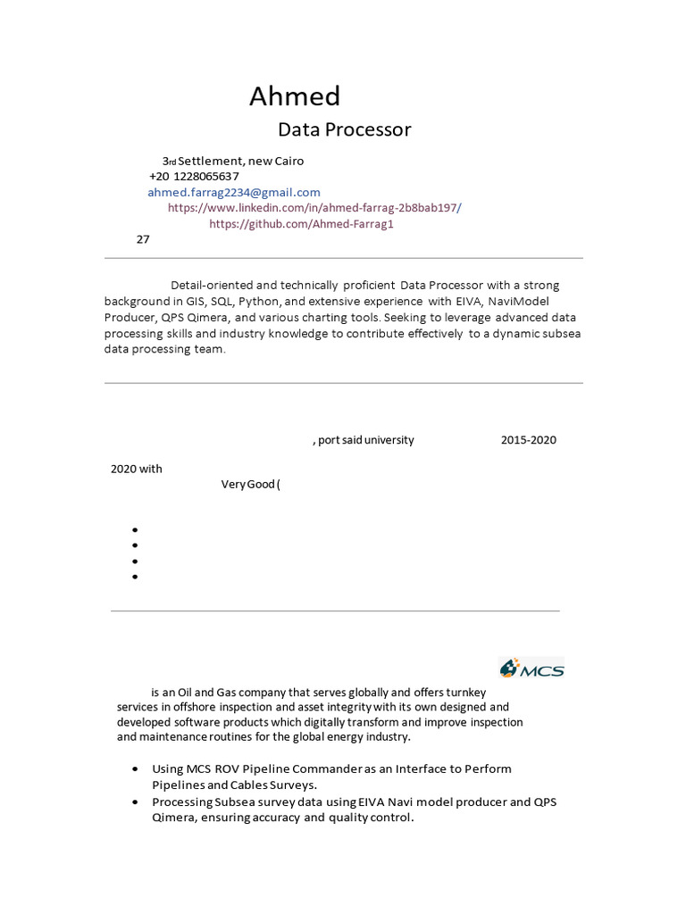 Ahmed Farrag - Data Processor 2024 CV-2 | PDF | Geographic Information System | Computer Programming