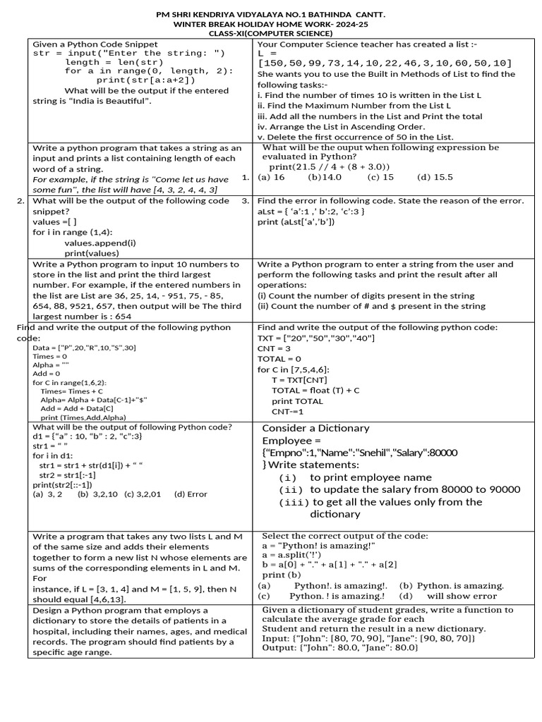 Winter Holidays Home Work Class XI CS | PDF | String (Computer Science) | Python (Programming ...