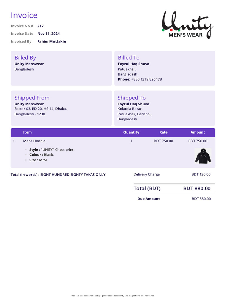 Invoice 217 Unity Menswear Foyzul Haq Shuvo | PDF