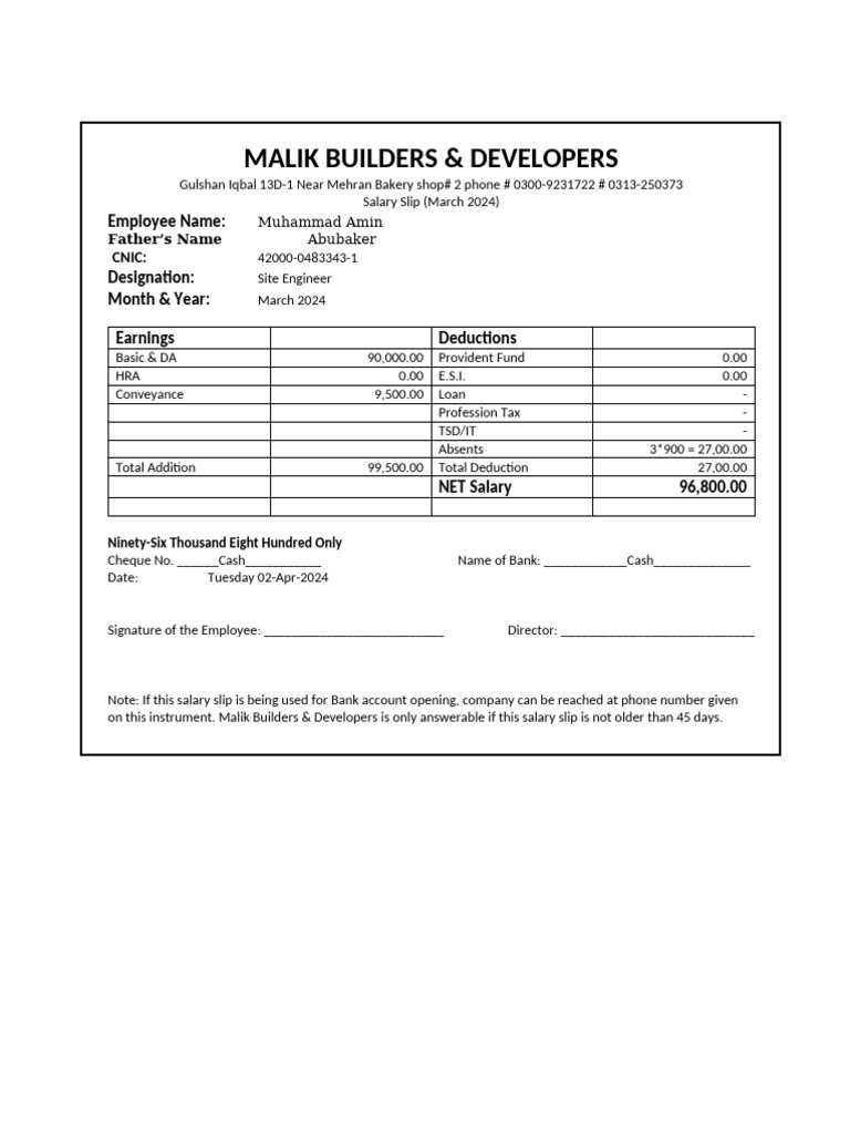 Muhammad Amin Engineer Salary Slip | PDF