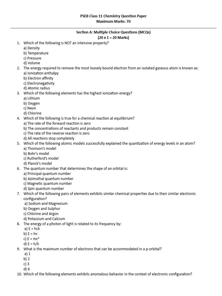 Class 11 Chemistry Question Paper | PDF | Periodic Table | Atomic Orbital