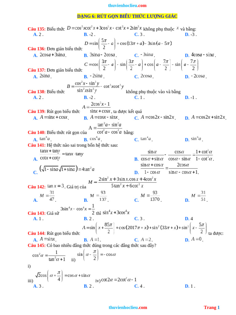 Toan 11 Dang 6 RUT GON BIEU THUC LUONG GIAC | PDF