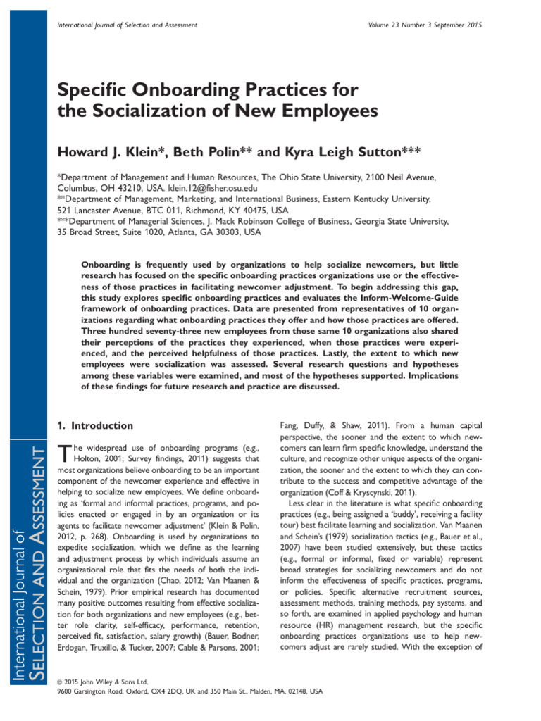 Int J Selection Assessment - 2015 - Klein - Specific Onboarding ...