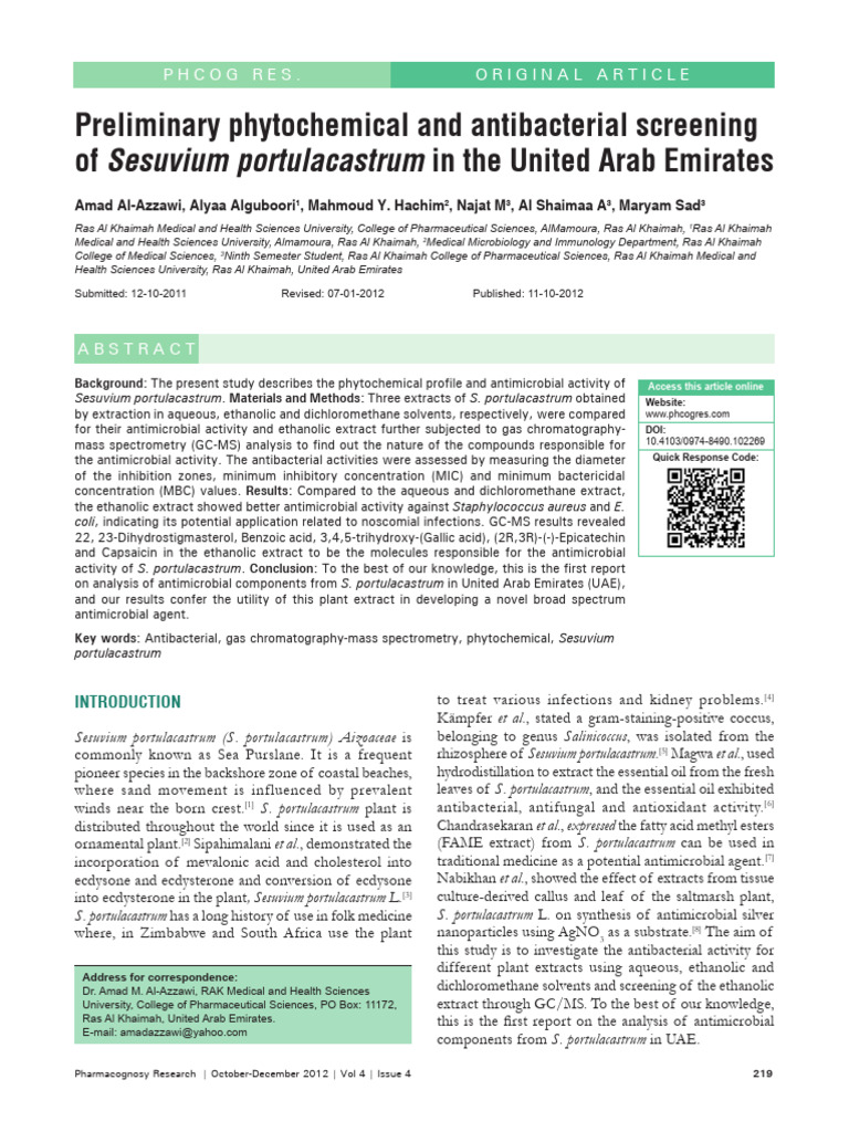 2011 Preliminary phytochemical and antibacterial screening of Sesuvium portulacastrum in the ...