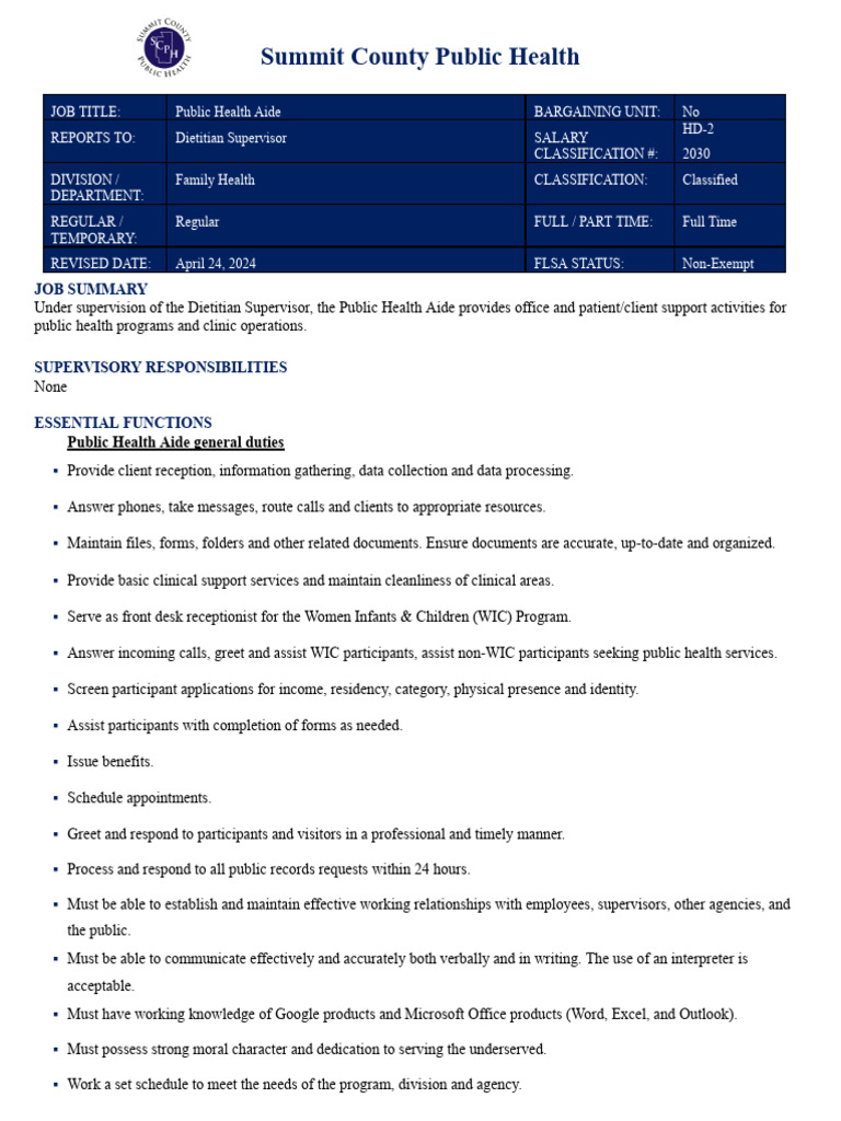 Summit County Public Health Aide Job Description | PDF