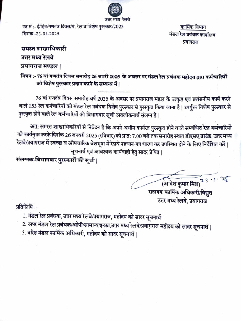 Republic day -2025 Sparing letter DRM Award | PDF