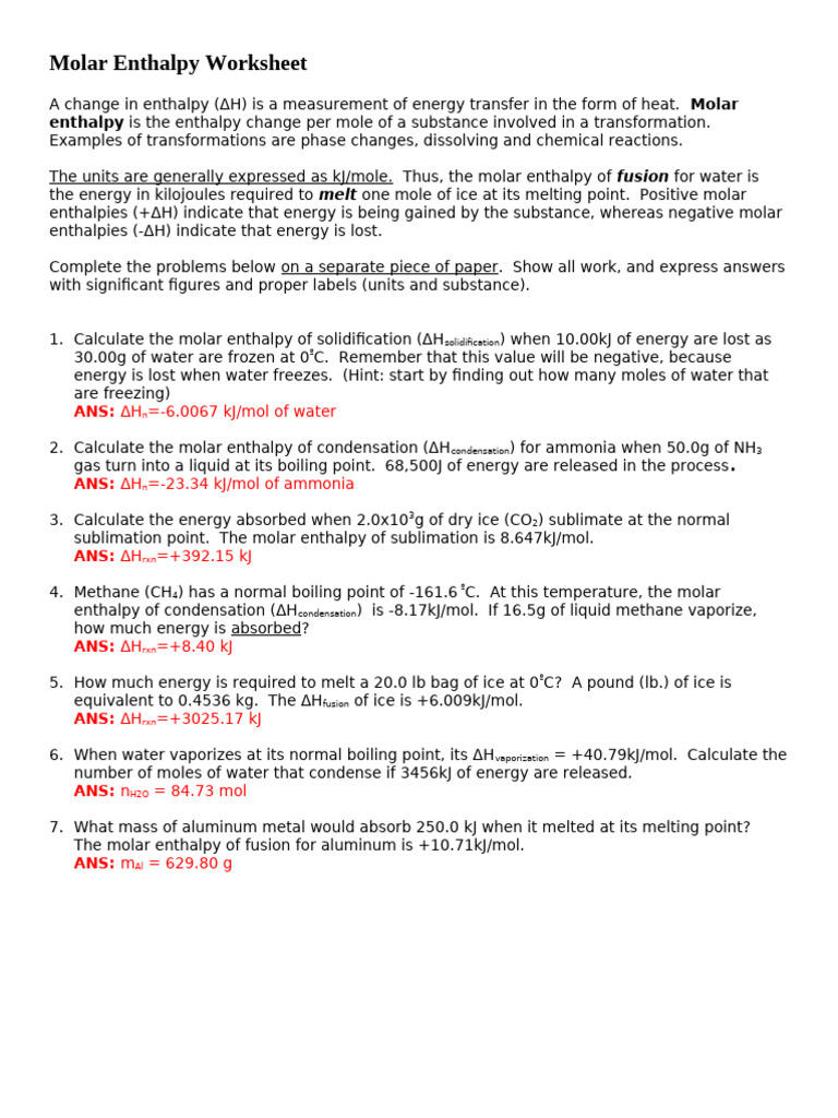 Molar Enthalpy Worksheet - ANS | PDF