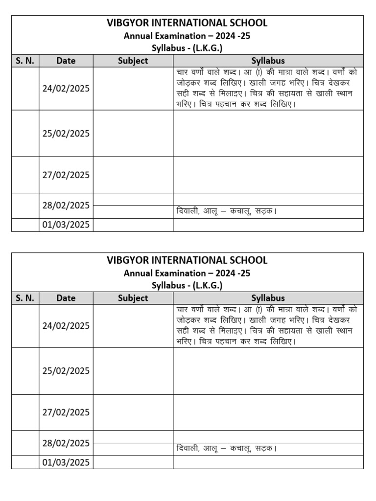 Class - LKG Syllabus Vibgyor - 2 | PDF