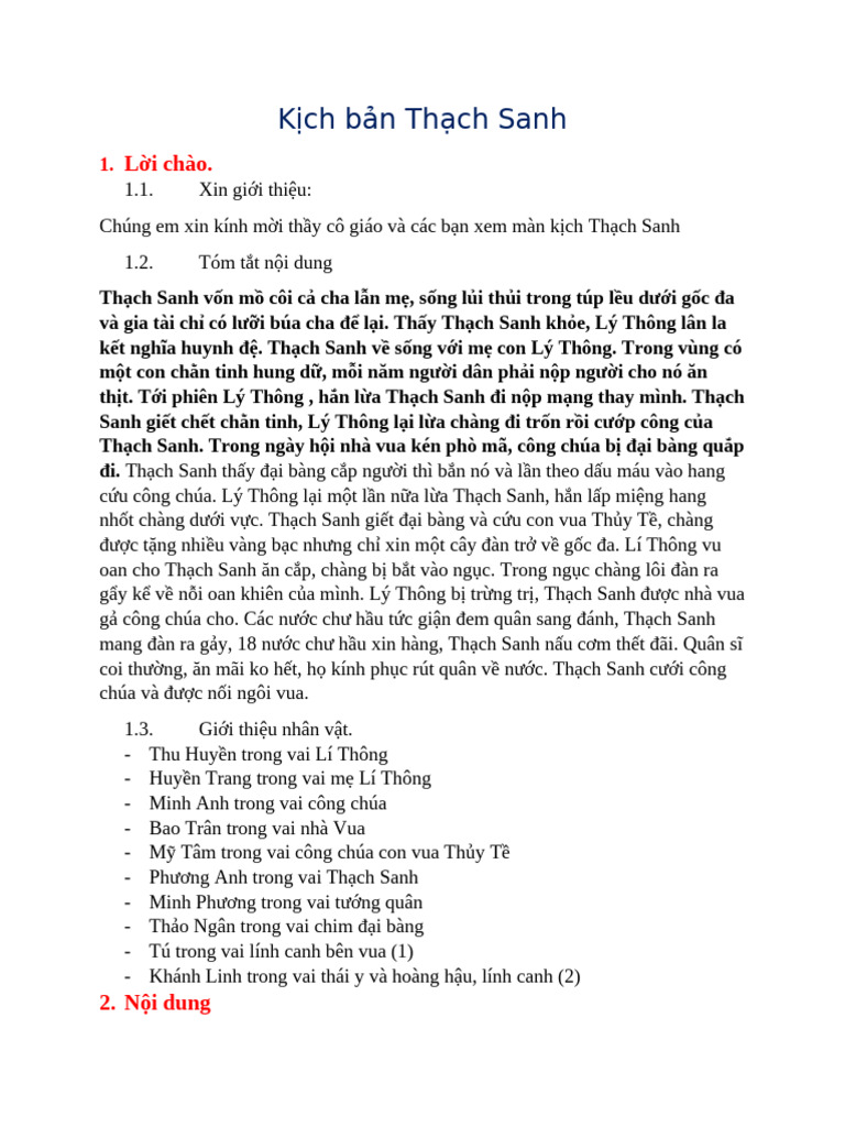 Kịch bản Thạch Sanh | PDF