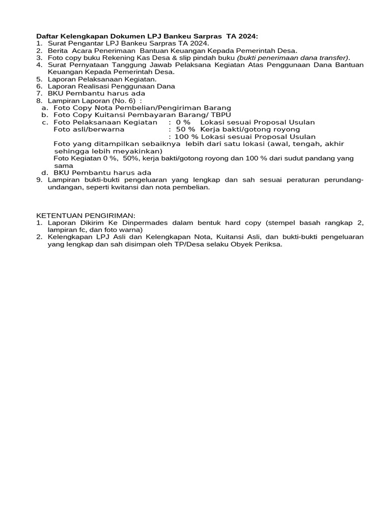 Checklist Dokumen LPJ Bankeu Sarpras 2024 | PDF
