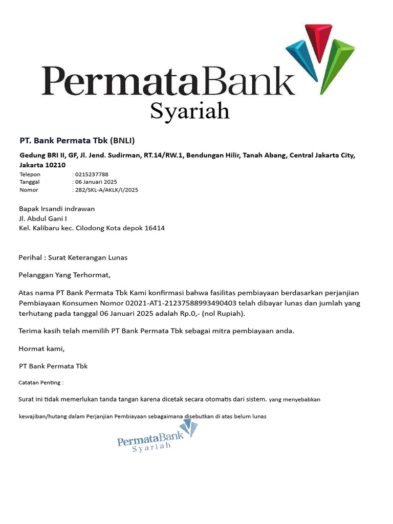 Surat Keterangan Lunas Bank Permata | PDF