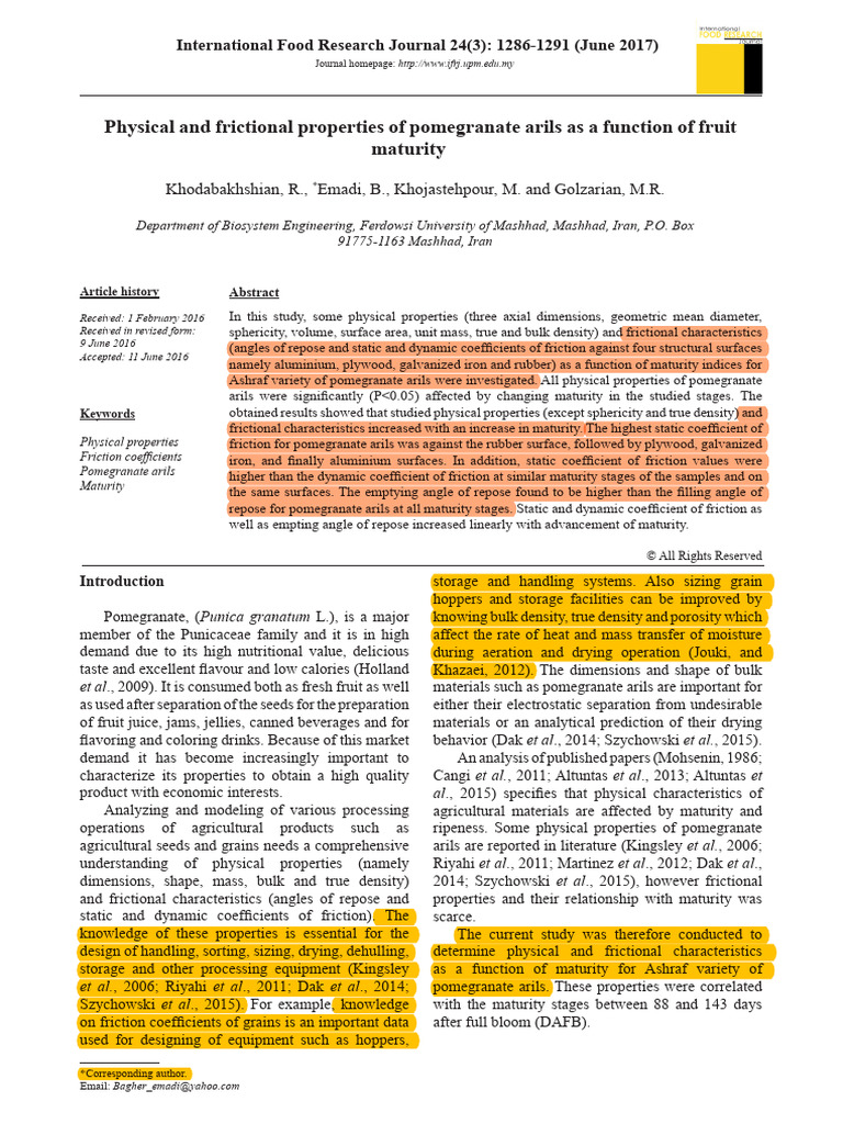 Physical and Frictional Properties of Pomegranate Arils As A Function of Fruit Maturity ...