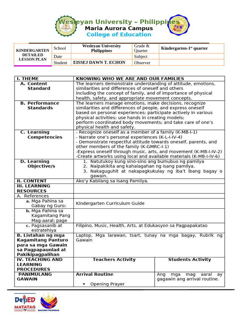 Lesson Plan With Annotations and Indicators-Bahagi NG Pamilya FINAL | PDF