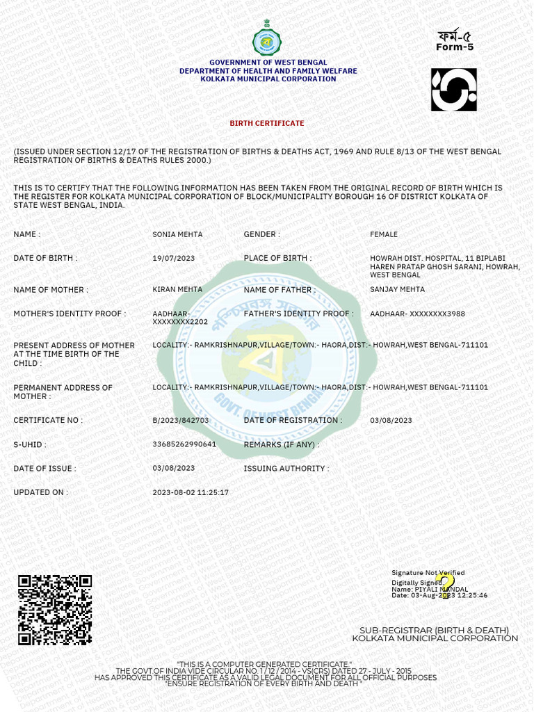 KMC Birth Certificate Details | PDF | Birth Certificate | Human Rights
