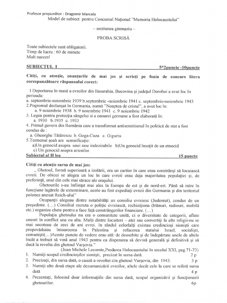 Subiect Concurs Memoria Holocaustului-Model 1 PDF | PDF