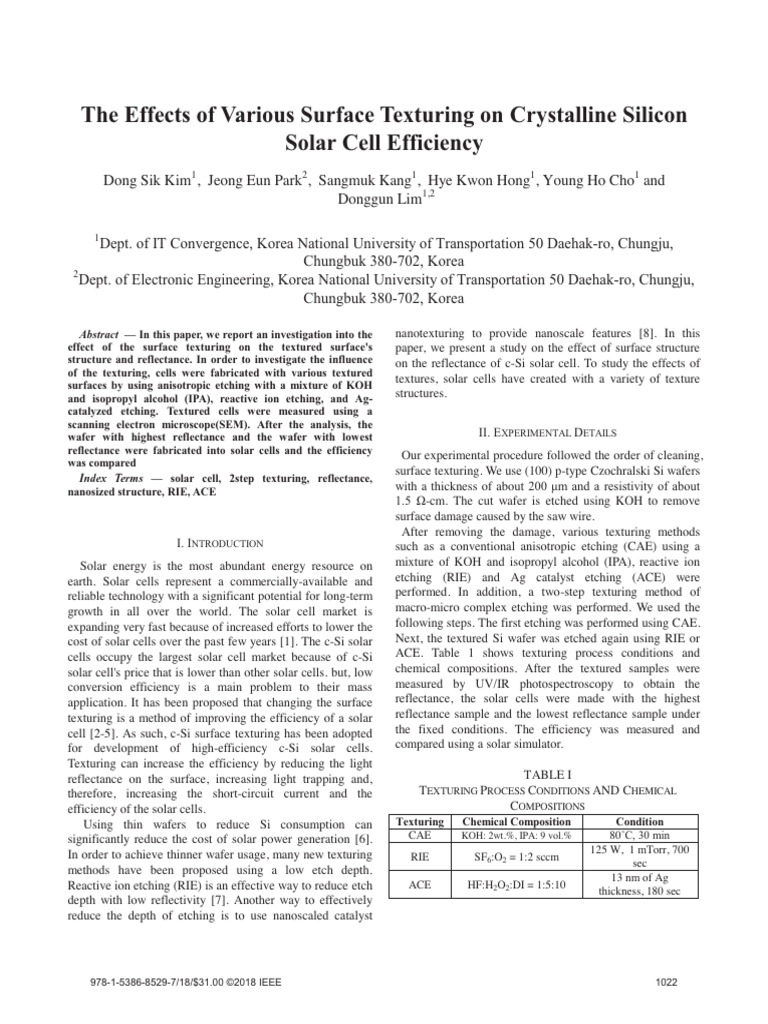 The Effects Of Various Surface Texturing On Crystalline Silicon Solar Cell Efficiency Pdf