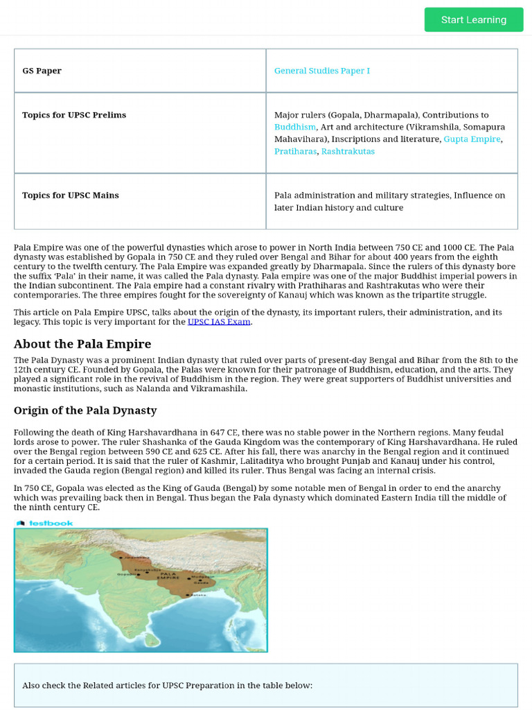 Pala Empire - Origin, Rulers, Administration & More - UPSC Notes | PDF