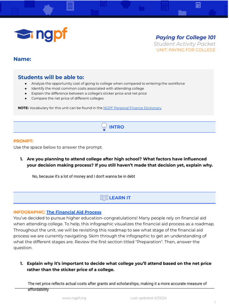 Ariana Del Valle - Paying For College 101 Student Activity Packet ...