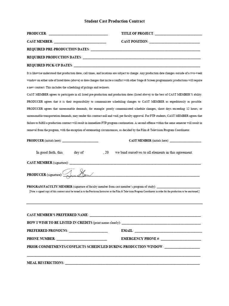 OneLastDrag Cast Contract Fillable | PDF | Justice | Crime & Violence
