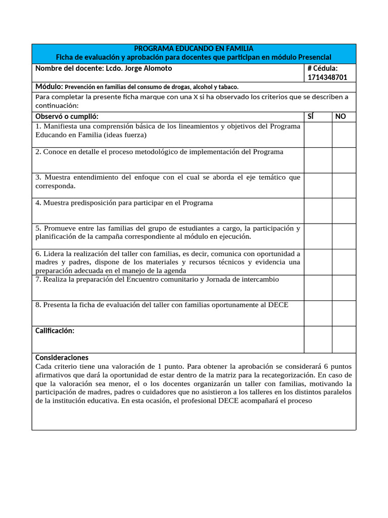 Ficha Evaluación Docente - DECE | PDF