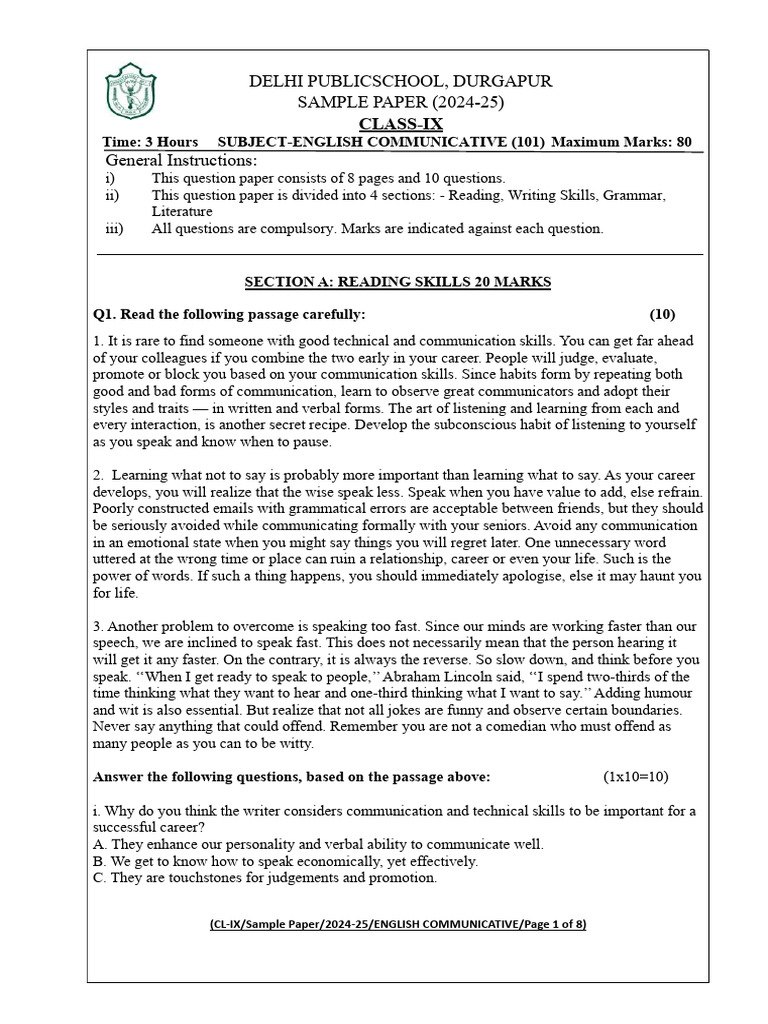 Class 9 PA2 Sample Paper QSTN 2024-25 | PDF | Communication | Nobel Prize