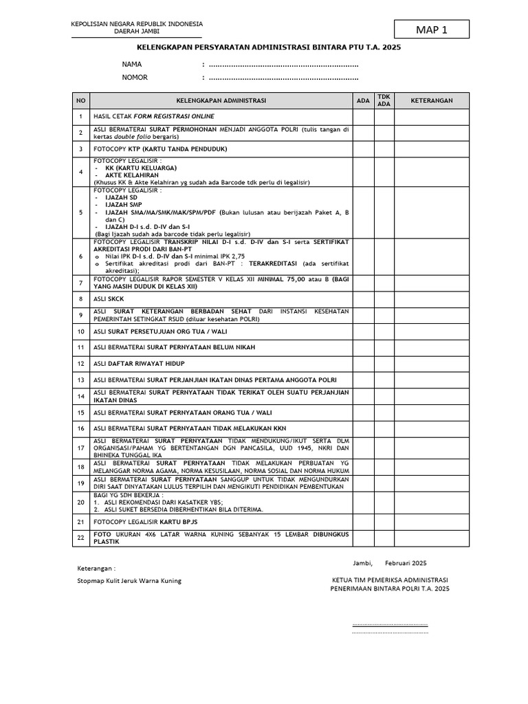 2.1. Lembar Ceklist Map Bintara Ptu 2025 | PDF