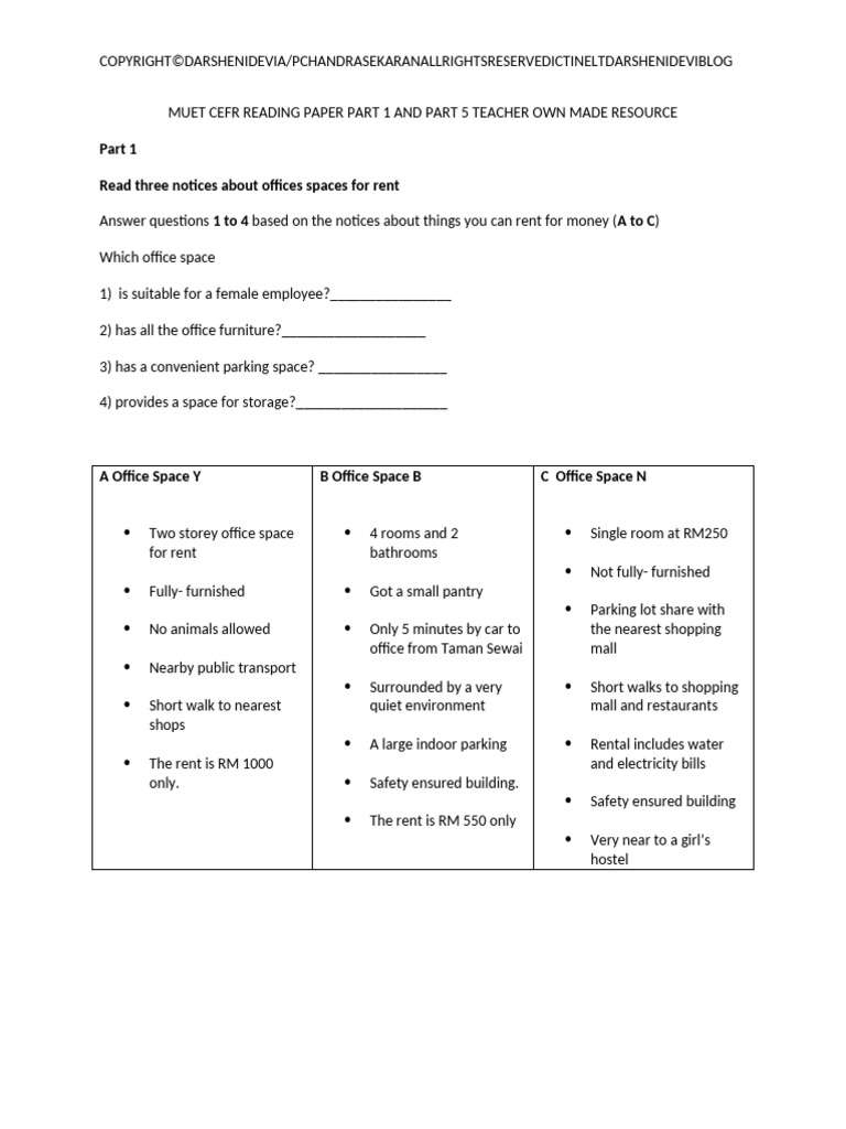 MUET CEFR READING PAPER PART 1 AND PART 5 TEACHER OWN MADE RESOURCE ...