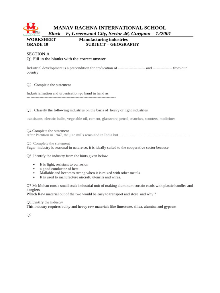 Worksheet - Manufacturing Industries - Grade X - Geography | PDF ...