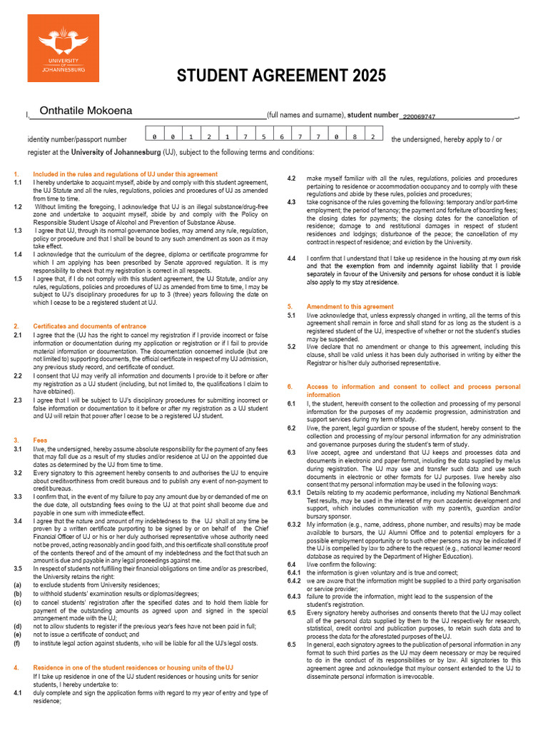 2025 Manual Student Agreement Form Including Underage, Indemnity and ...