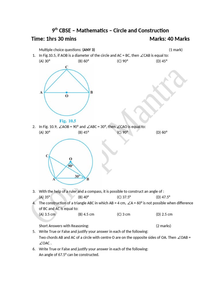9th CBSE - Circle and Construction - T1 | PDF | Circle | Angle