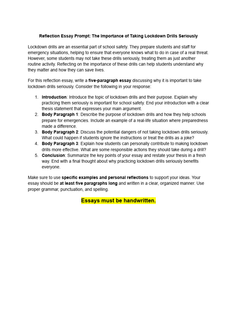 Reflection Essay Prompt - The Importance of Taking Lockdown Drills Seriously | PDF