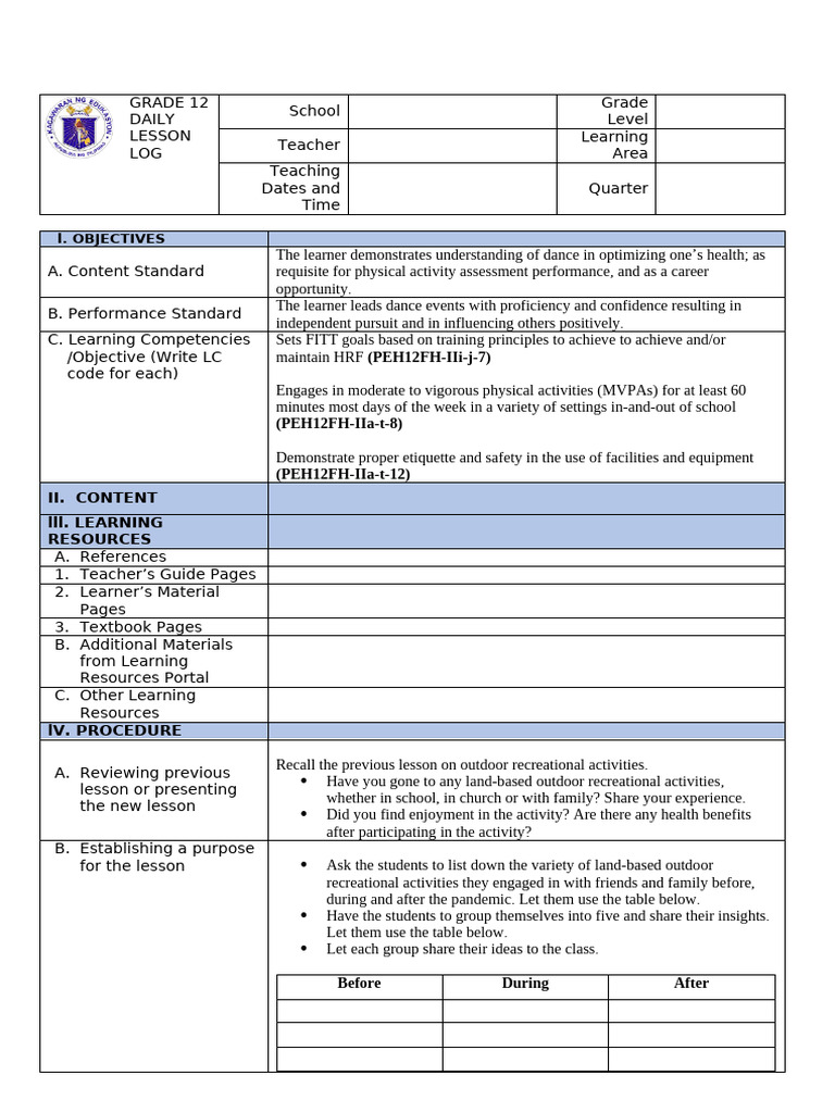Grade 12 Dance Health Lesson Plan | PDF | Learning | Teachers
