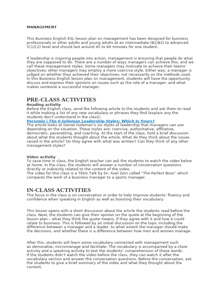 Management - Lesson Explaination | PDF | Vocabulary | Reading Comprehension