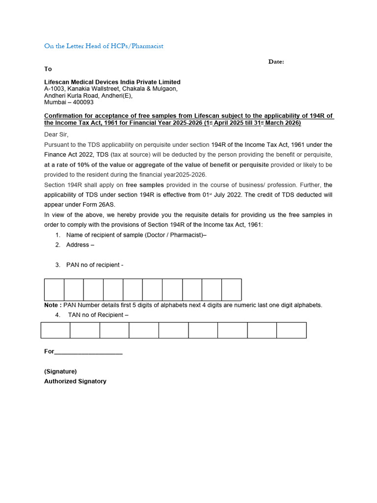 Consent Form 194R For Sample To FY 25-26-1 PDF | PDF