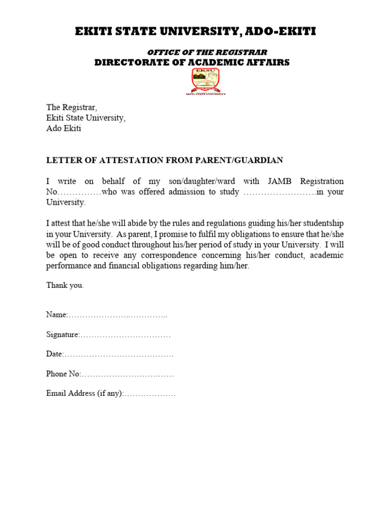 Parent Attestation Letter for University | PDF