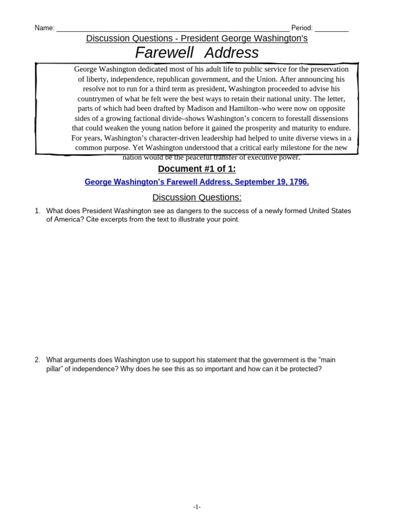 Washington Farewell Address Questions+ | PDF