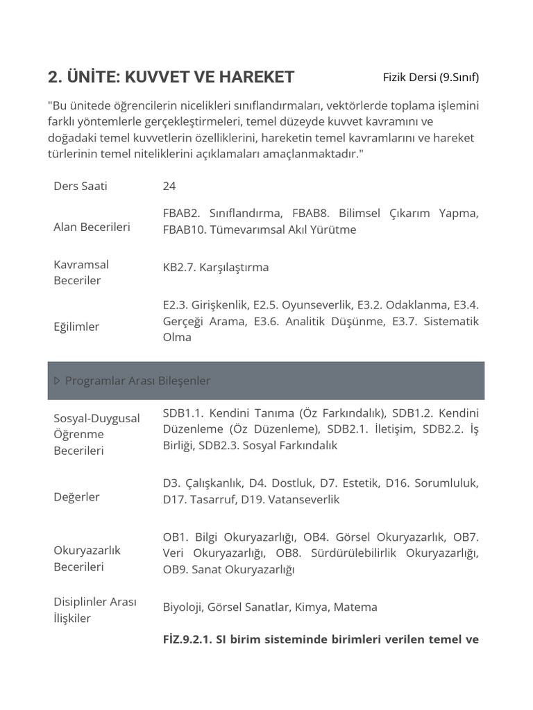 Fizik Dersi 9.sınıf 2. ÜNİTE - KUVVET VE HAREKET Teması - Türkiye Yüzyılı Maarif Modeli | PDF