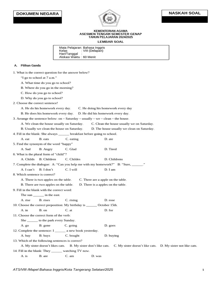 Soal ATS Genap Bahasa Inggris Kelas 8 | PDF | Linguistics | Syntax