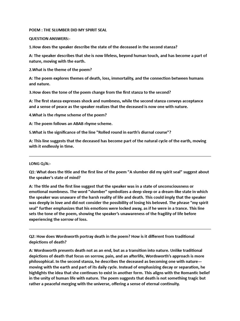 Poem Question Answer | PDF | Poetry | Death