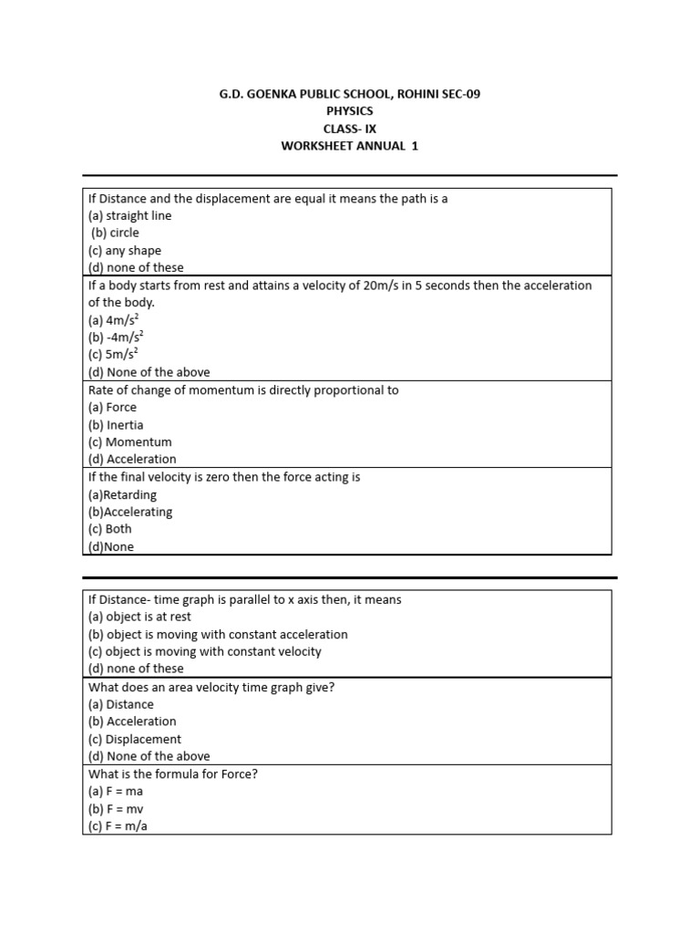 Class 9 Physics Annual Worksheet | PDF | Velocity | Acceleration