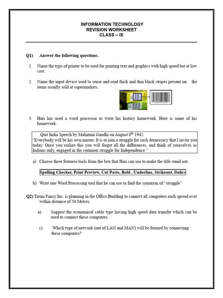 CBSE Class 9 IT INFORMATION TECHNOLOGY REV. SHEET 1 | PDF | Operating System | Computer Monitor
