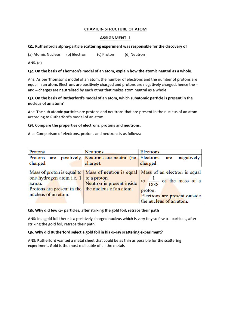 STRUCTURE_OF_ATOM__ASSIGNMENT_1 | PDF